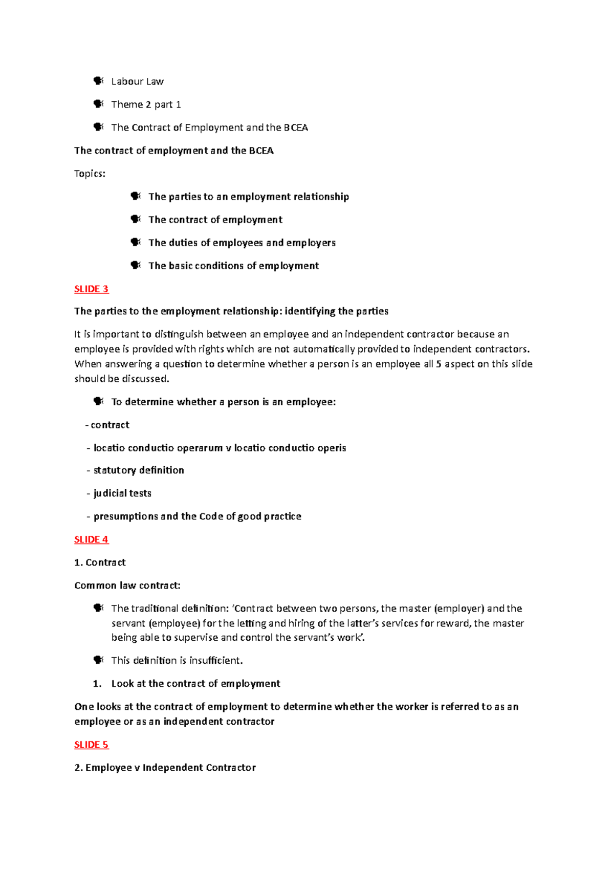 Theme 2 PART 1 - Notes taken - Labour Law Theme 2 part 1 The Contract ...