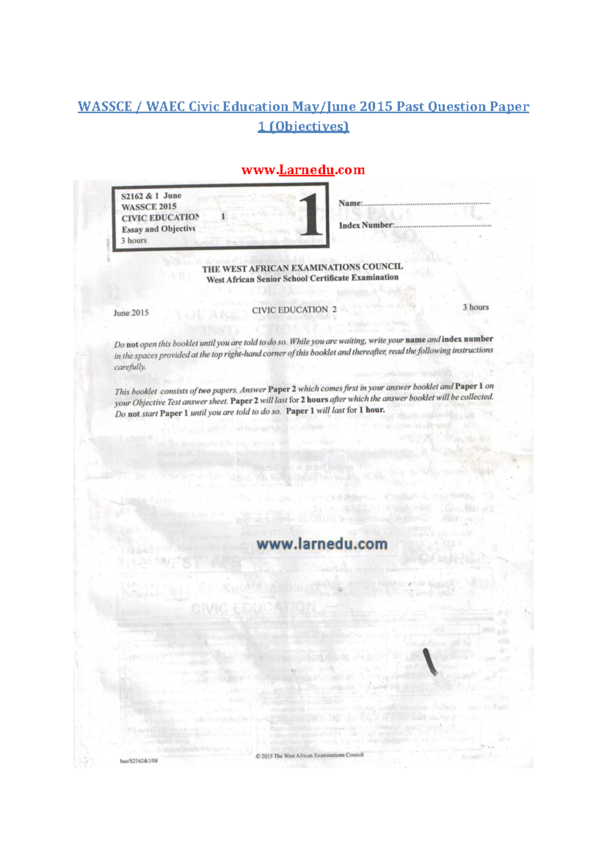 Wassce-WAEC-Civic-Education-May-June-2015-Past-Question-Paper-1 ...