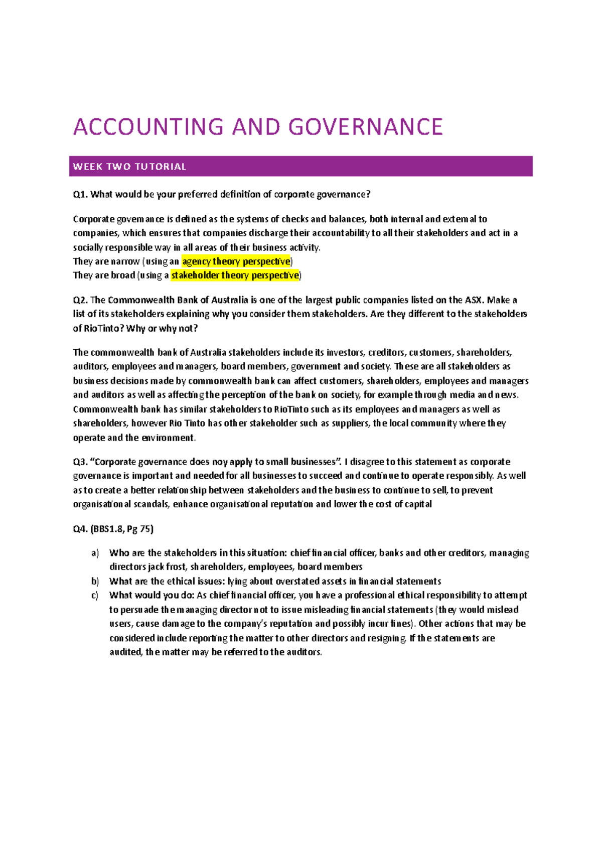 Accounting and governance tut questions - ACCOUNTING AND GOVERNANCE ...