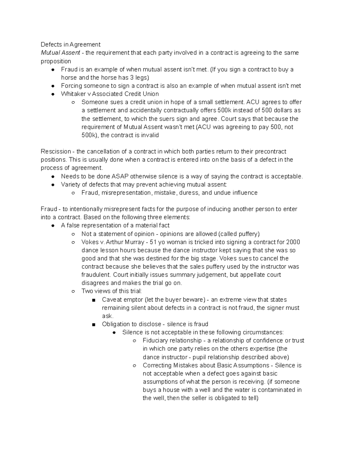 10. Defects in Agreement - (If you sign a contract to buy a horse and ...