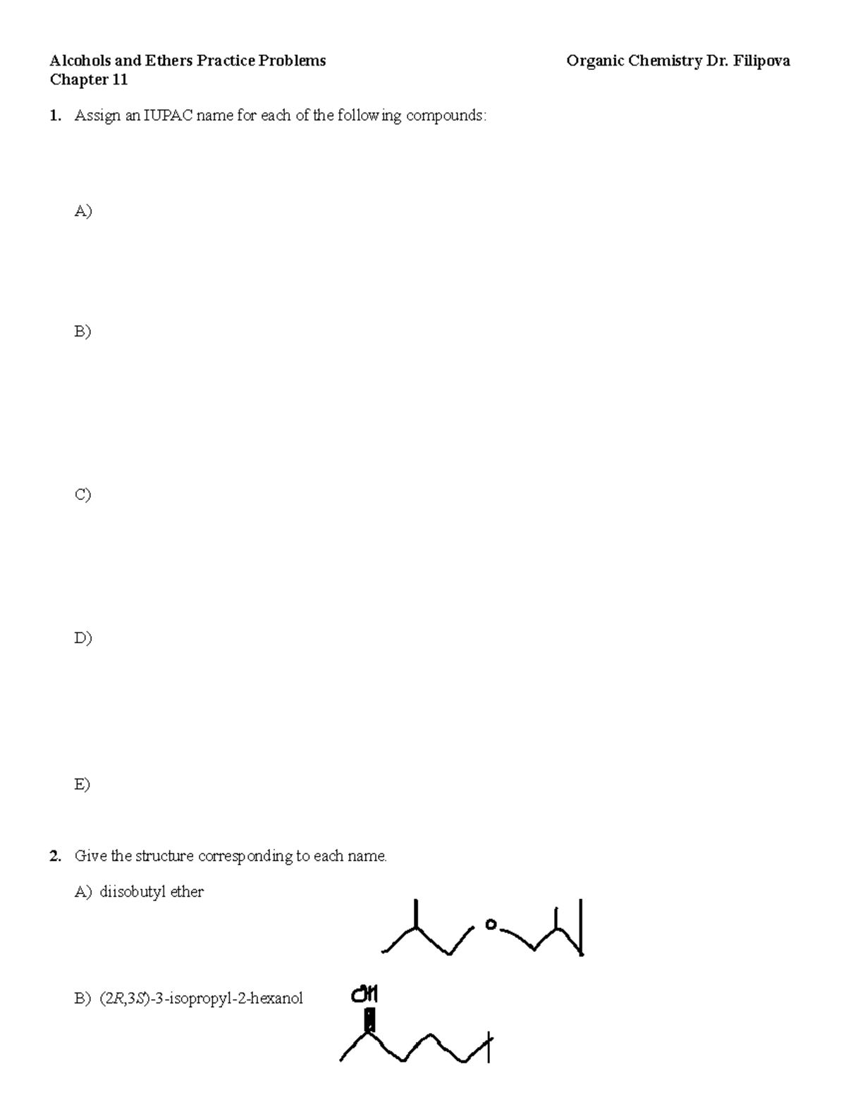 Alcohols and Ethers Practice Problems - Filipova Chapter 11 1. Assign ...