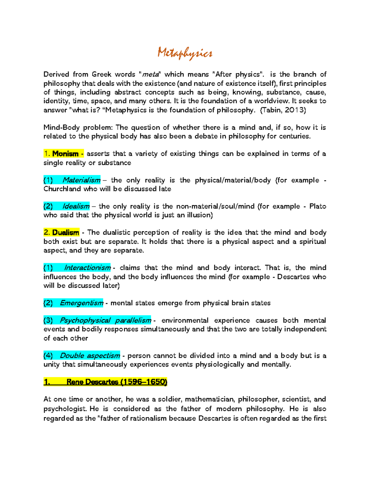Metaphysics - mrooms guide - Metaphysics Derived from Greek words "meta ...