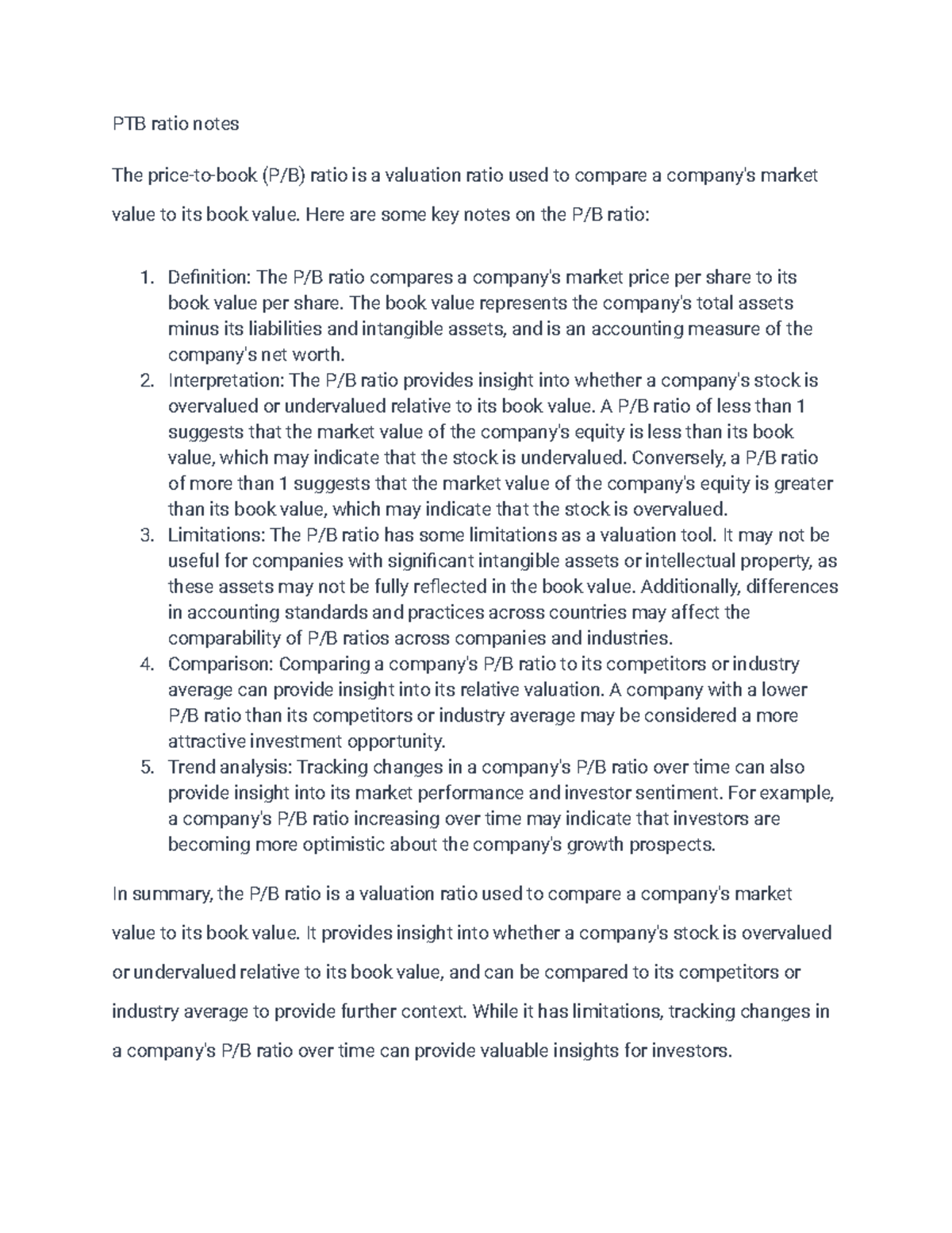 Price to book ratios notes - PTB ratio notes The price-to-book (P/B ...
