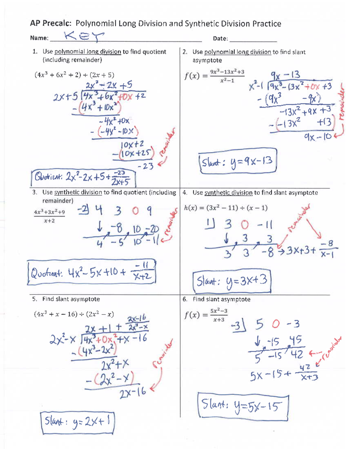 Appc 1.11 Polyn Long and Synthetic Div - KEY - AP Precalc: Polynomial ...