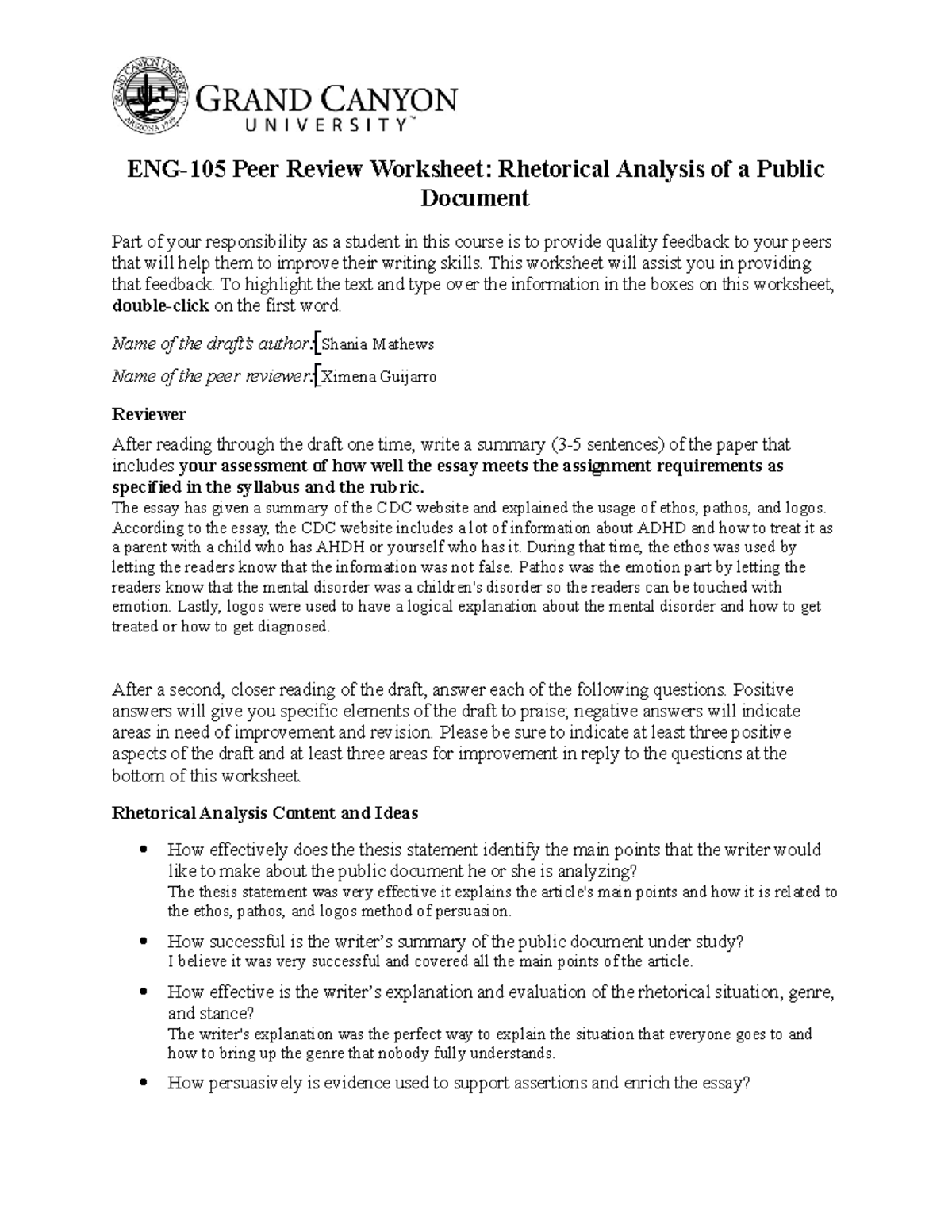 ENG-105-RS-Rhetorical Analysis Peer Review Worksheet Online - ENG-105 ...