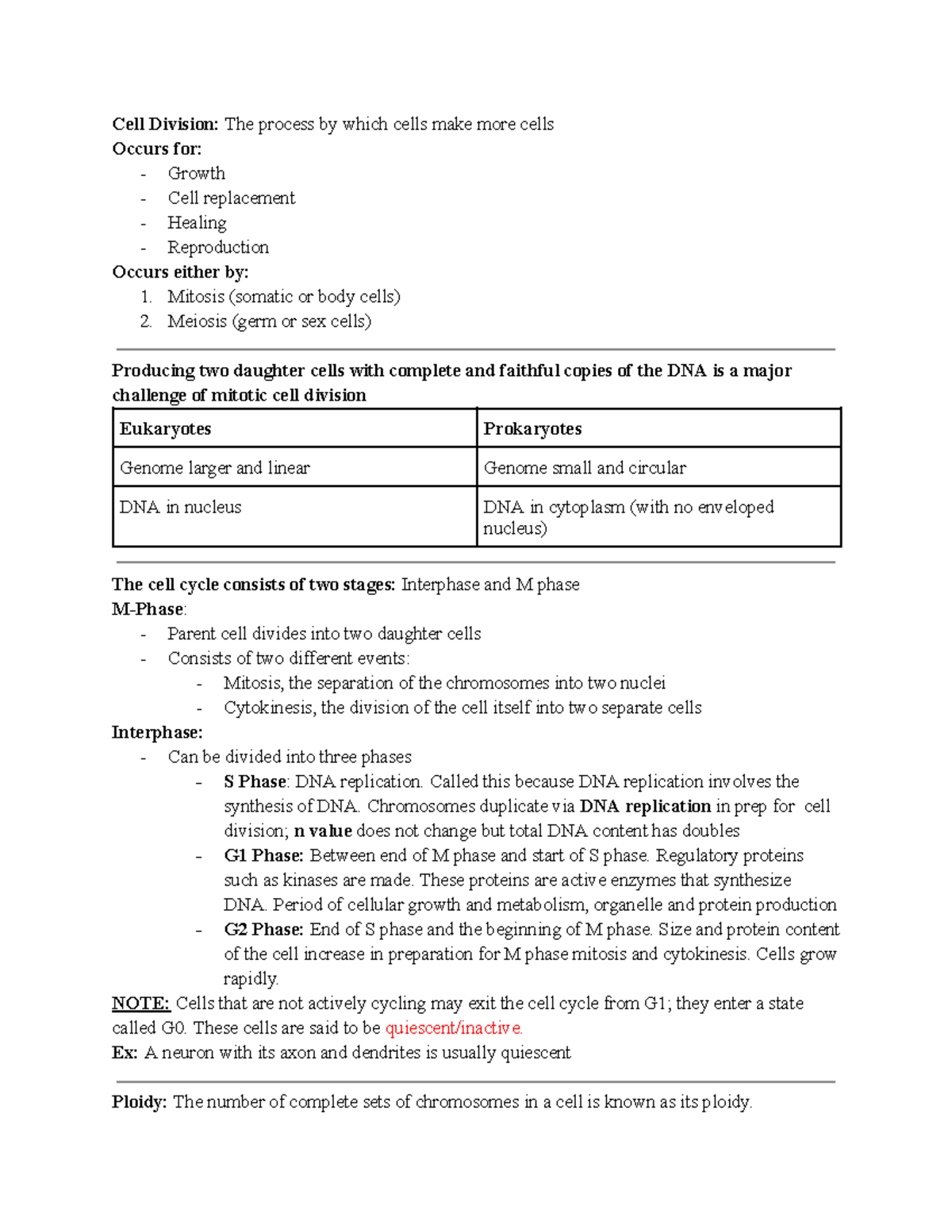 Mitosis Lecture Summary - Cell Division: The process by which cells ...