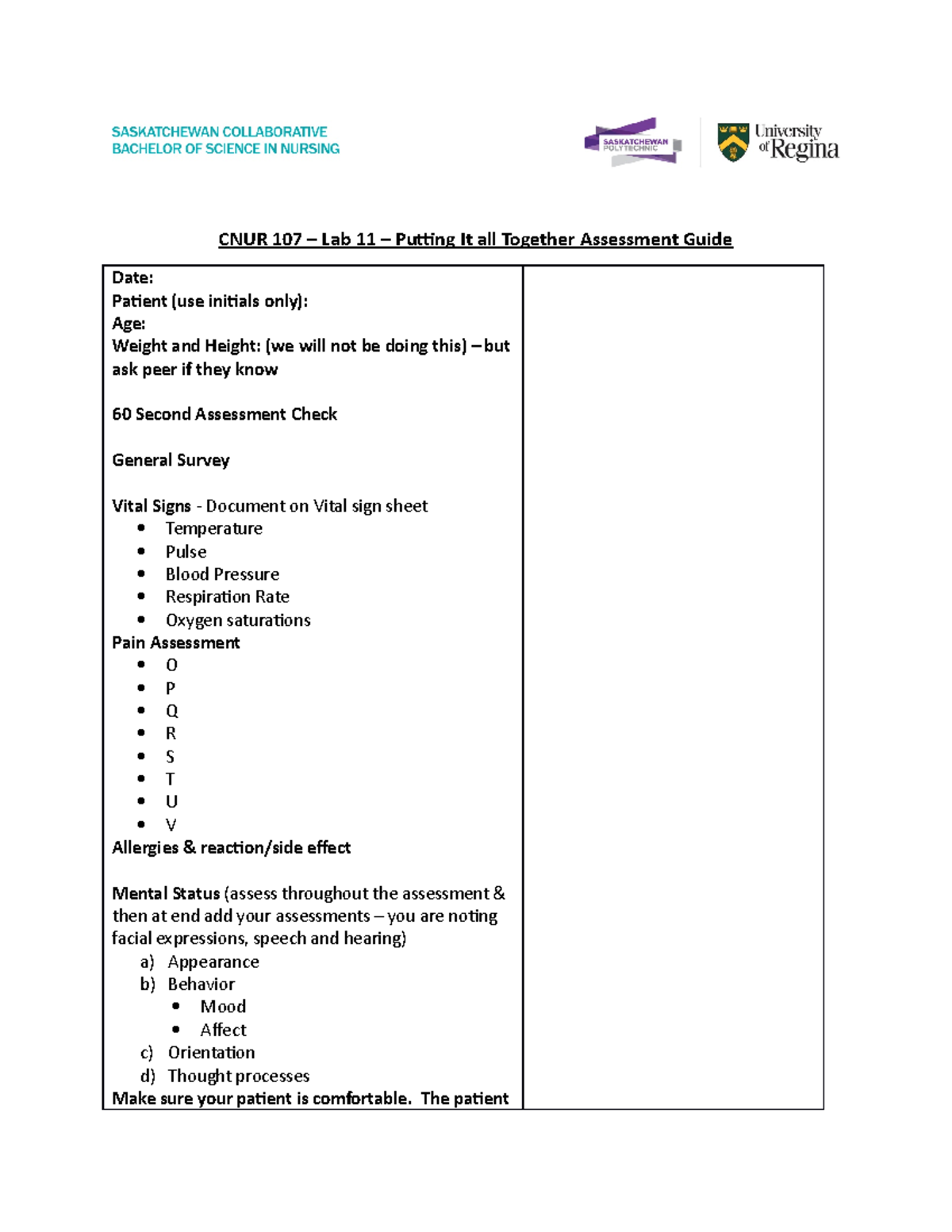 Putting It All Together Assessment Guide for students - CNUR 107 – Lab ...