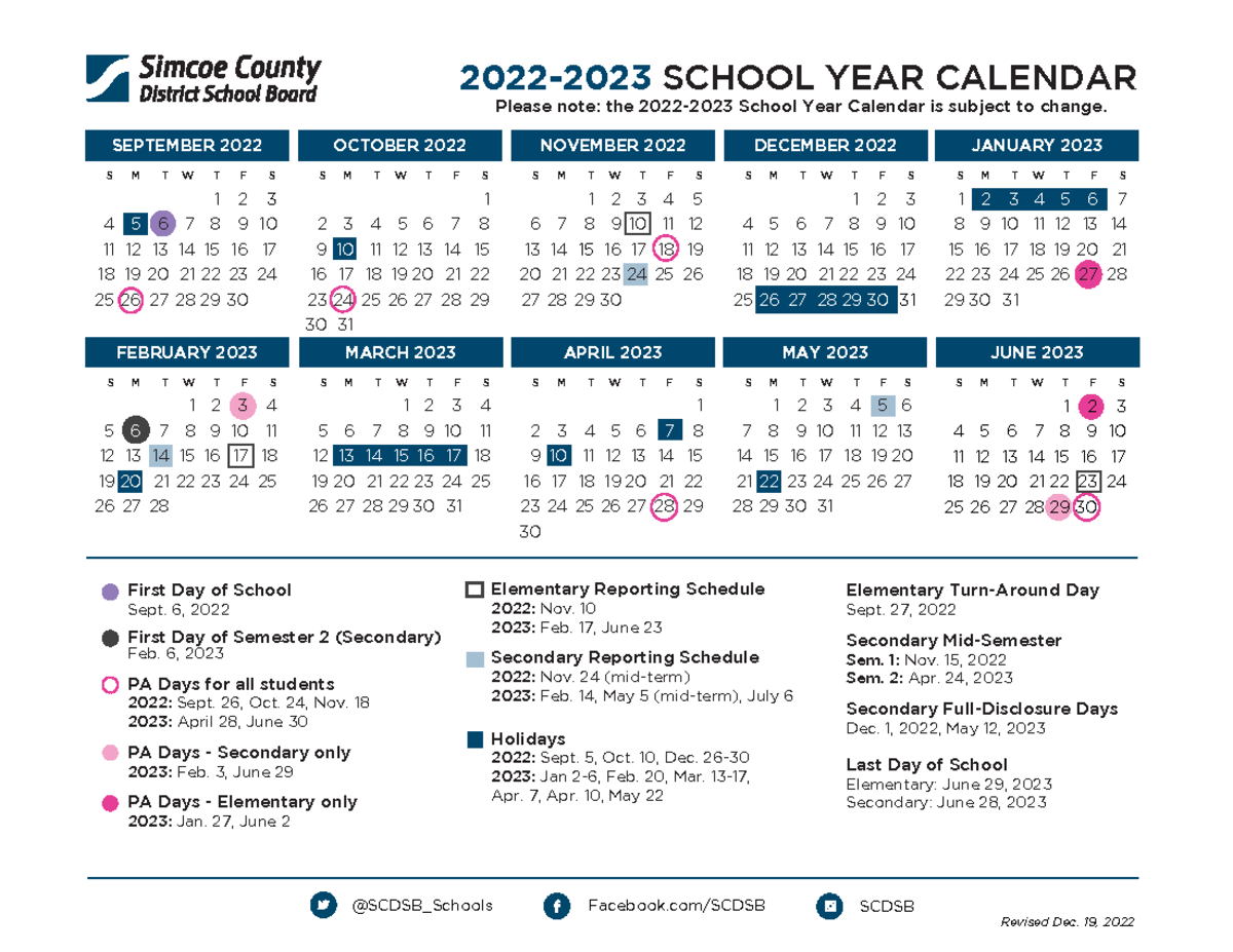 2022 23 School Year Calendar - S M T W T F S 1 2 3 4 5 6 7 8 9 10 11 12 ...