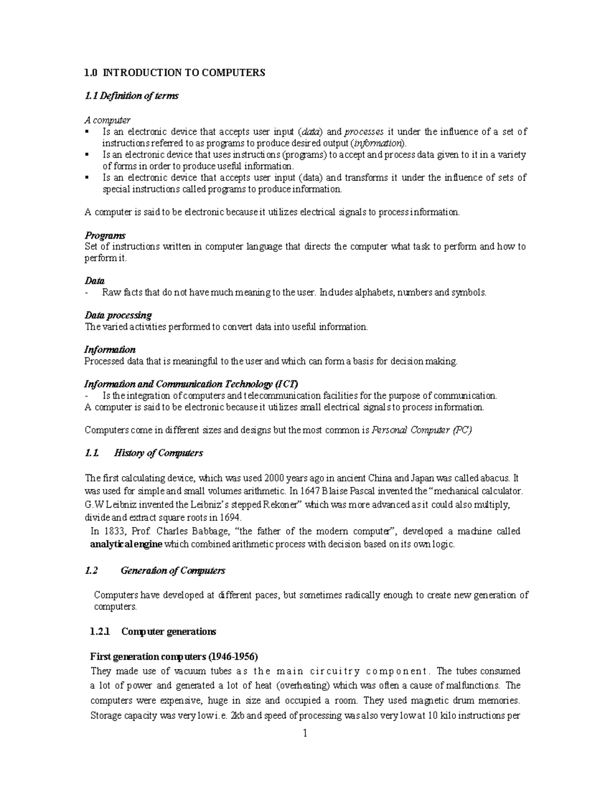 Computer Applications - 1 INTRODUCTION TO COMPUTERS 1 Definition of ...