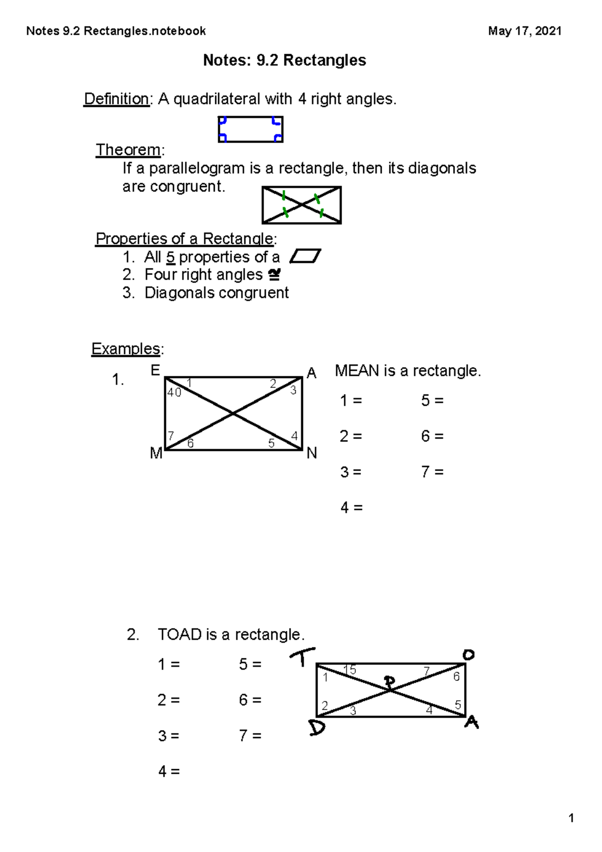 Notes 9.2 Rectangles Outline - Notes 9 Rectangles 1 May 17, 2021 Notes ...