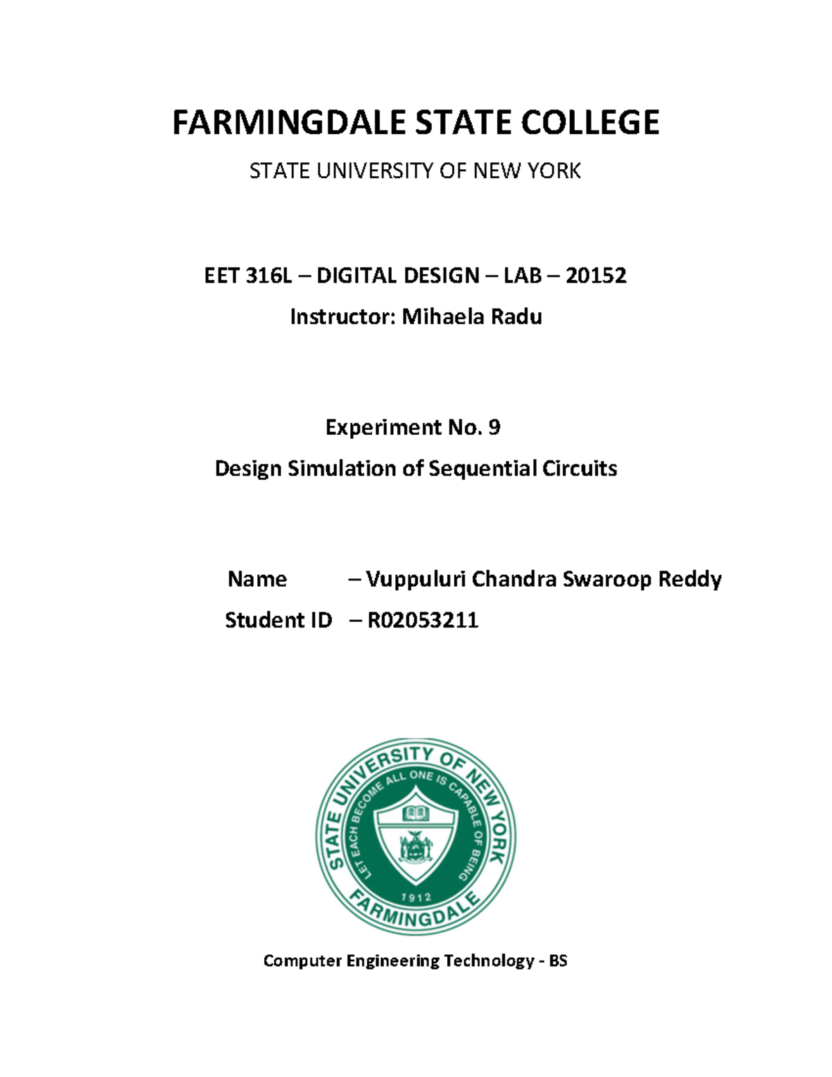 Lab Report #9 - Design Simulation of Sequential Circuits - FARMINGDALE ...