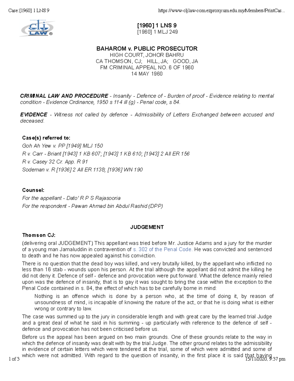 Baharom v PP - case for adverse inference - [1960] 1 LNS 9 [1960] 1 MLJ ...