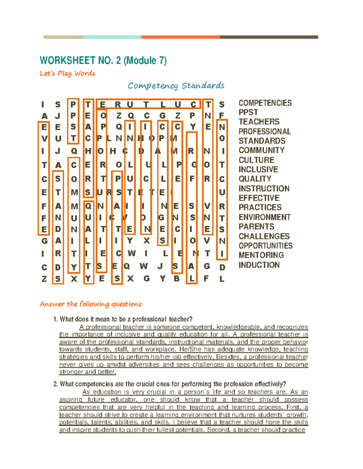 Worksheet 2 (Module 7) - S T A N D A R D S T E R U T L U C T E O Z Q C ...