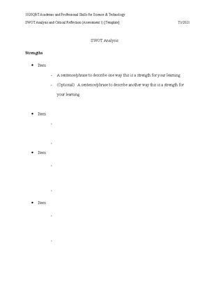 Assessment 1 Student Guide - SWOT Analysis Critical Reflection (1) 2021 ...