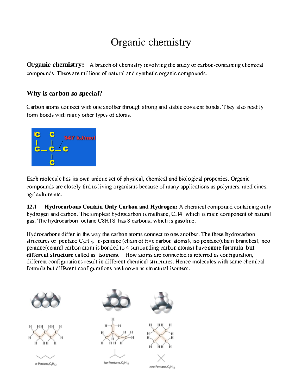 Chapter 12-Organic compounds Summary notes - Organic chemistry Organic ...