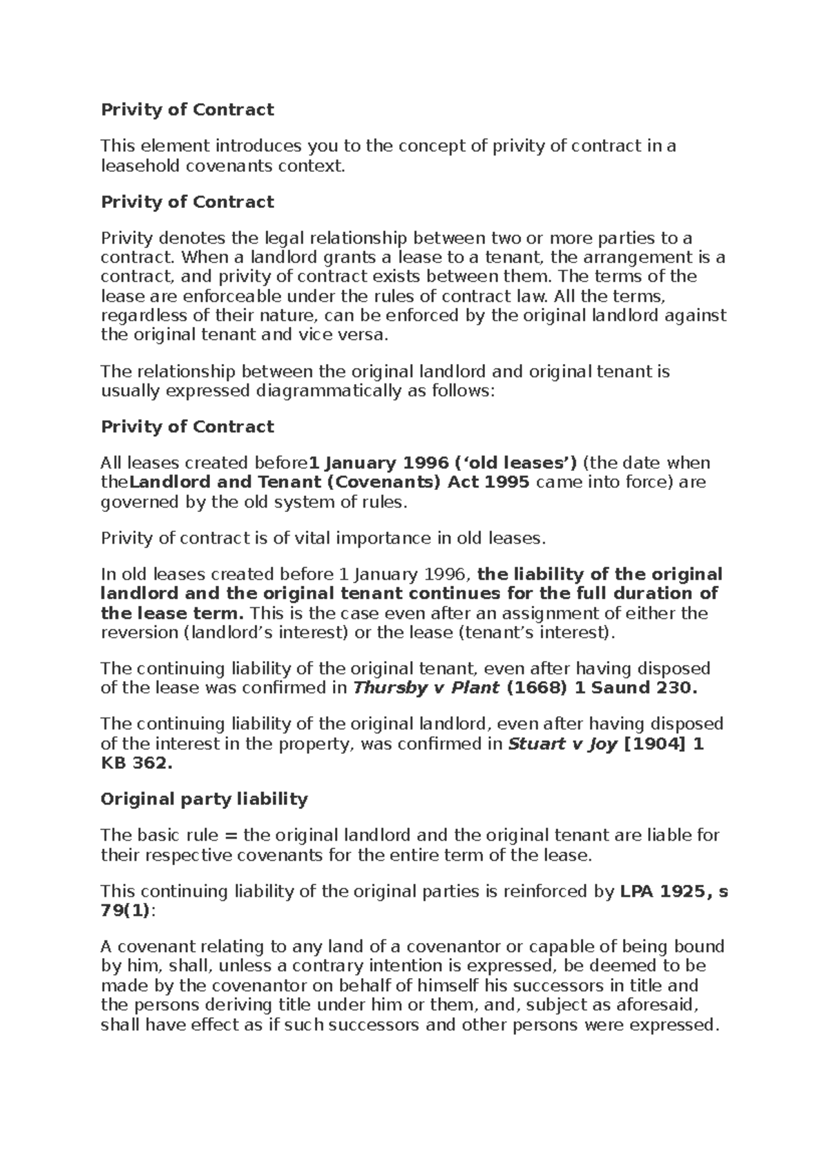 3. Privity of Contract - Lecture notes Week 10 - Land Law Notes ...