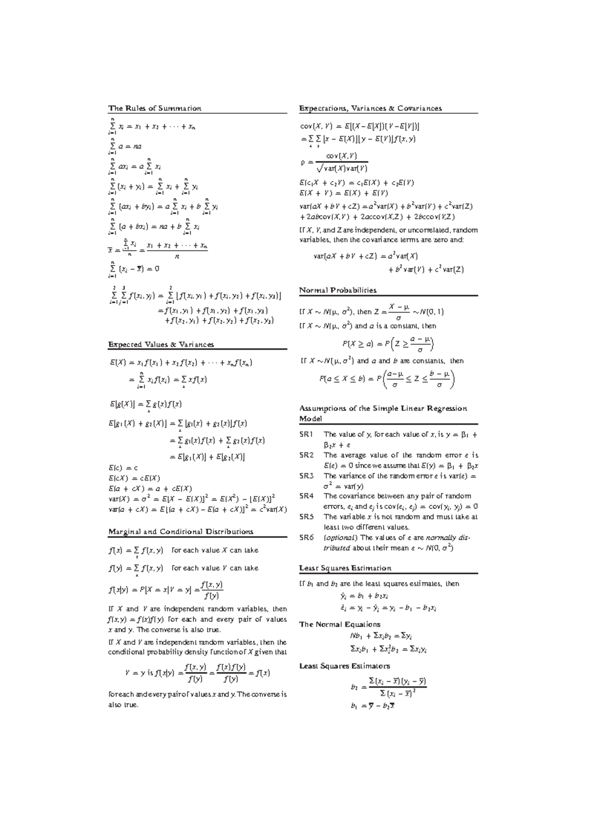 Formula Sheet The Rules Of Summation Expectations Variances