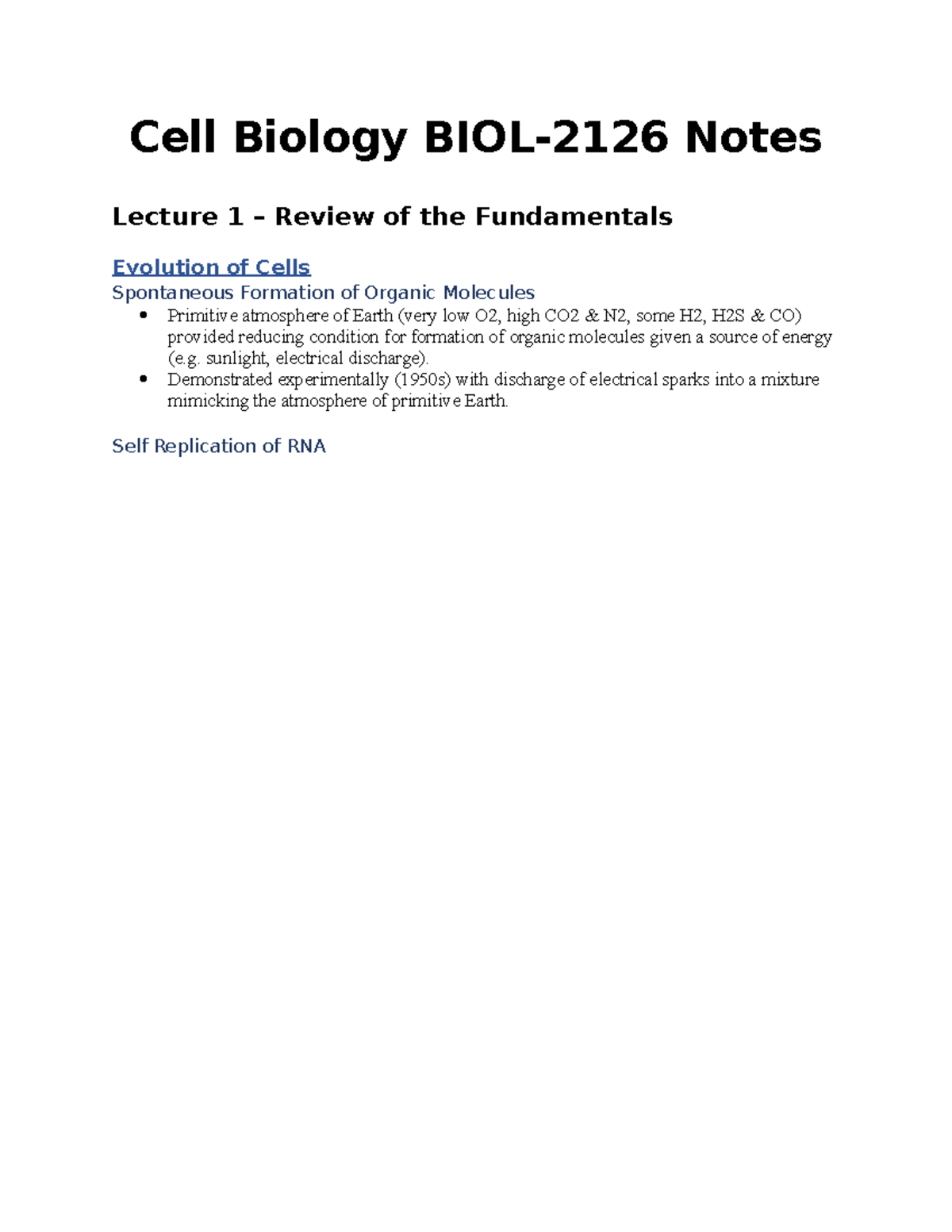Cell Biology Notes - Cell Biology BIOL-2126 Notes Lecture 1 – Review of ...