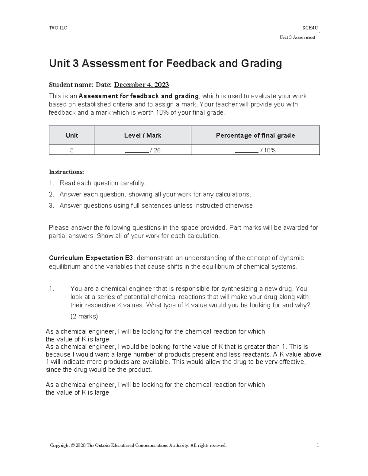 CHEM3 - assignment - Unit 3 Assessment Copyright © 2020 The Ontario ...