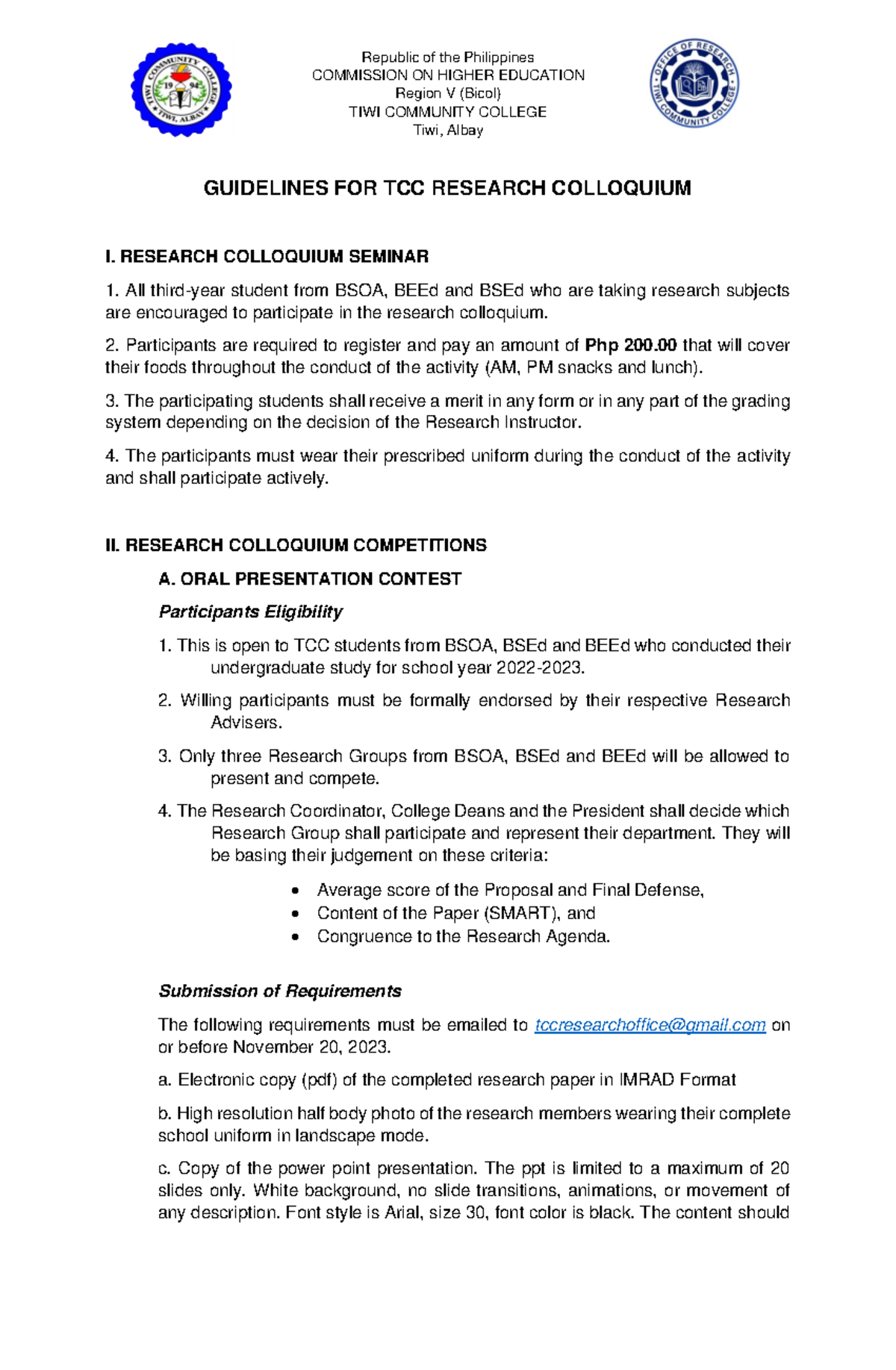 TCC- Research- Colloquium - COMMISSION ON HIGHER EDUCATION Region V (Bicol) TIWI COMMUNITY ...