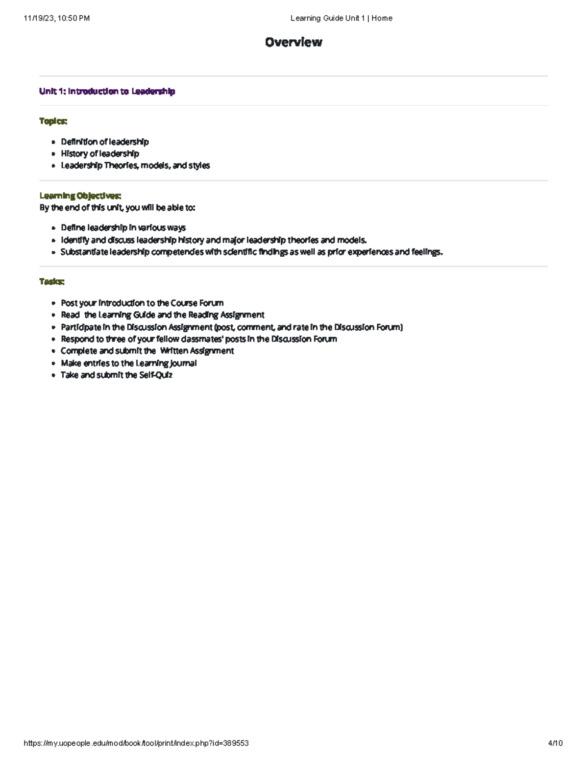 BUS 4405 Leadership - Learning Guide Unit 1 - Overview Unit 1: Introduction to Leadership Topics ...