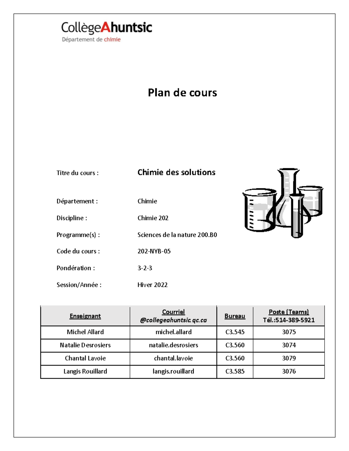 Chimie des Solutions - Plan de cours - Plan de cours Titre du cours ...