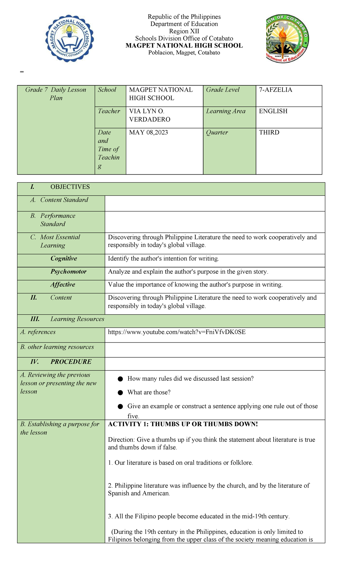 Verdadero-DEMO - This is just a sample - _ Grade 7 Daily Lesson Plan ...