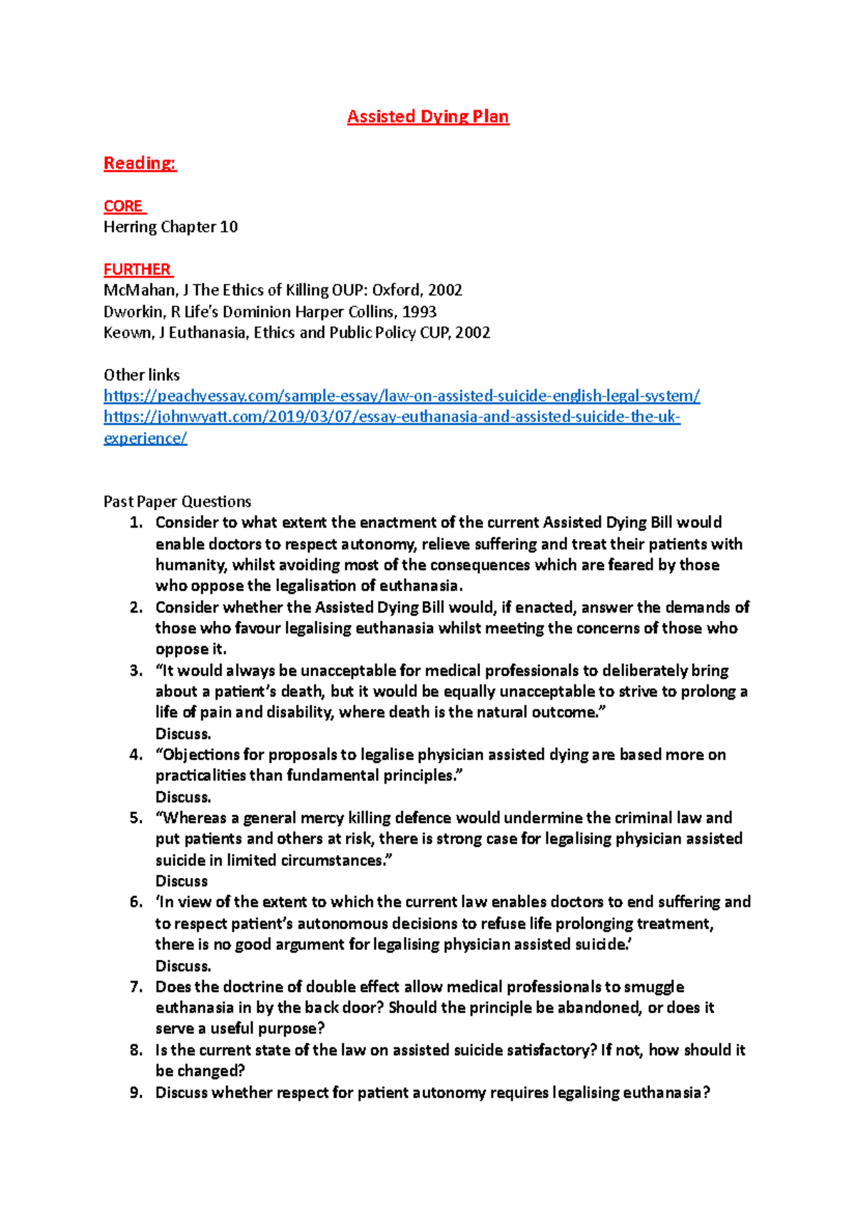 Assisted Dying Plan - Euthanasia essay plan and resources - Assisted ...