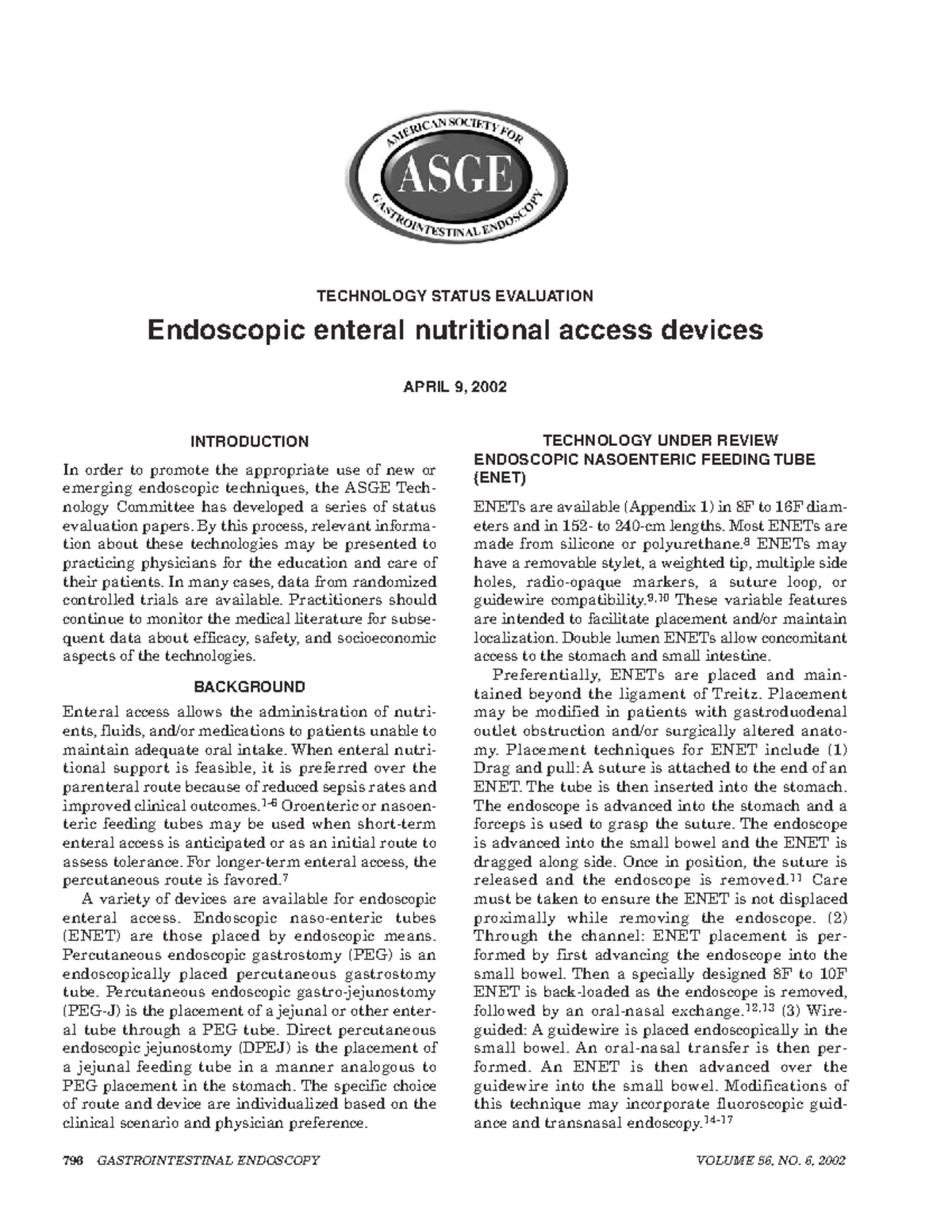 Endoscopic enteral nutritional access de - 796 GASTROINTESTINAL ...