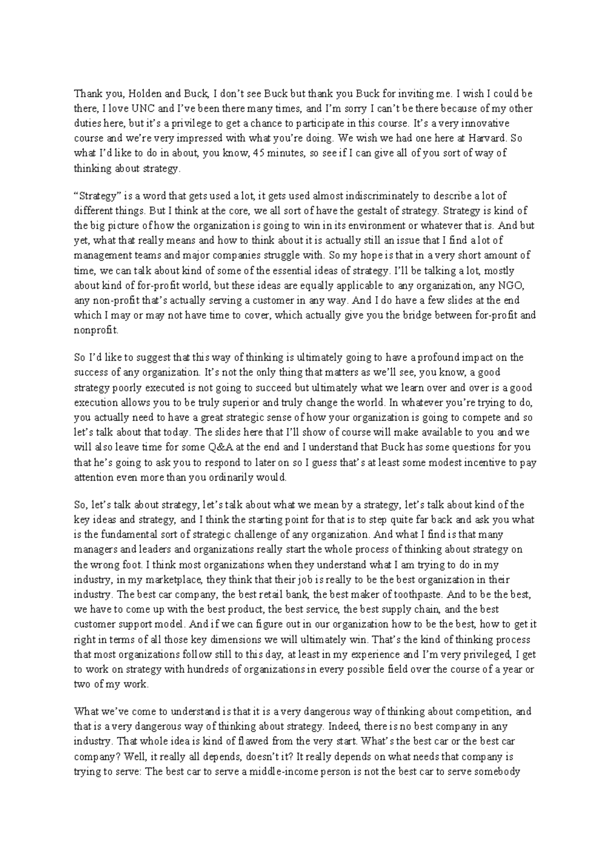 Transcript speech - Thank you, Holden and Buck, I don’t see Buck but ...