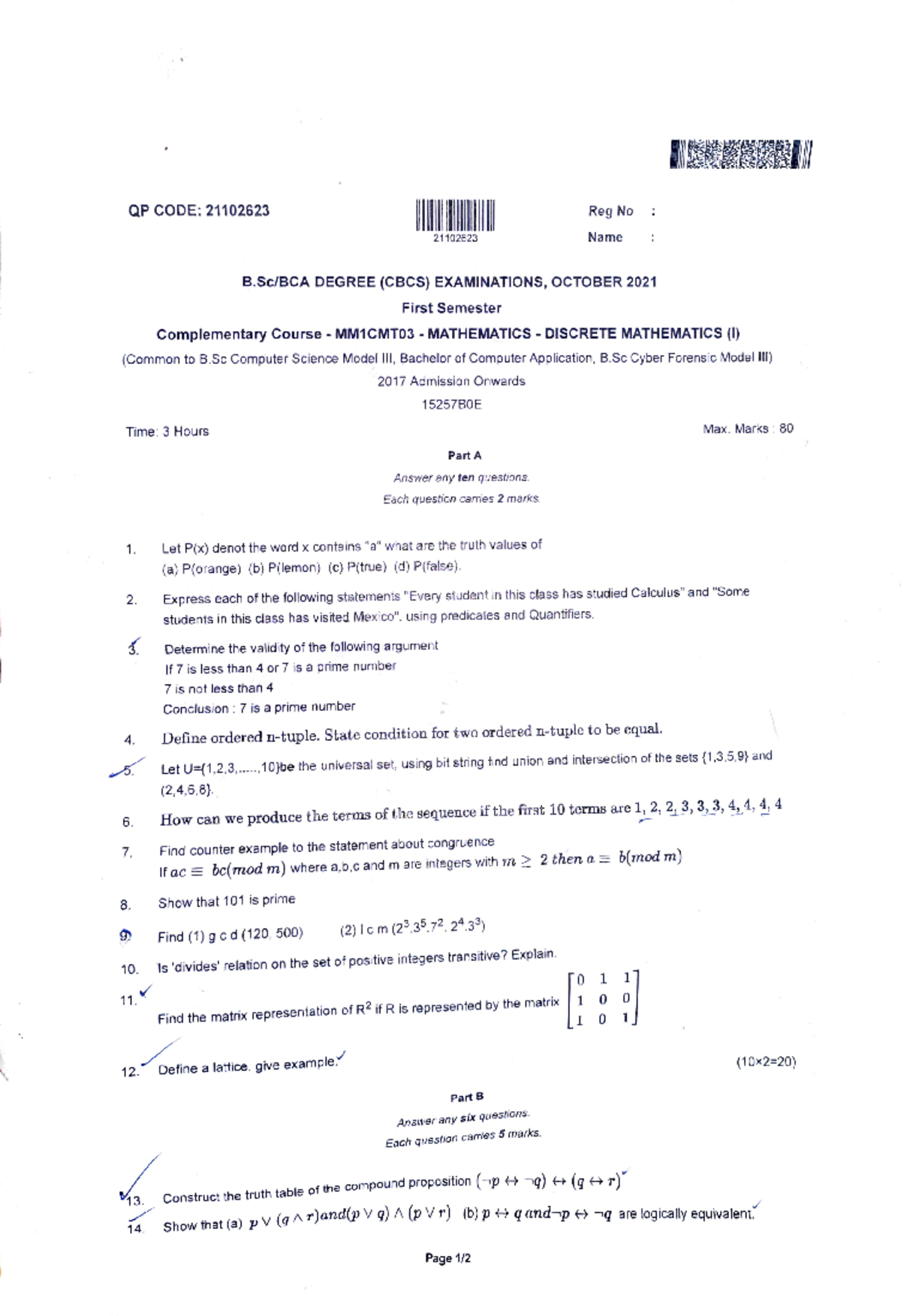 Discrete maths (1) Previous Qn Paper Nov 2021 - QP CODE: 21102623 Reg ...