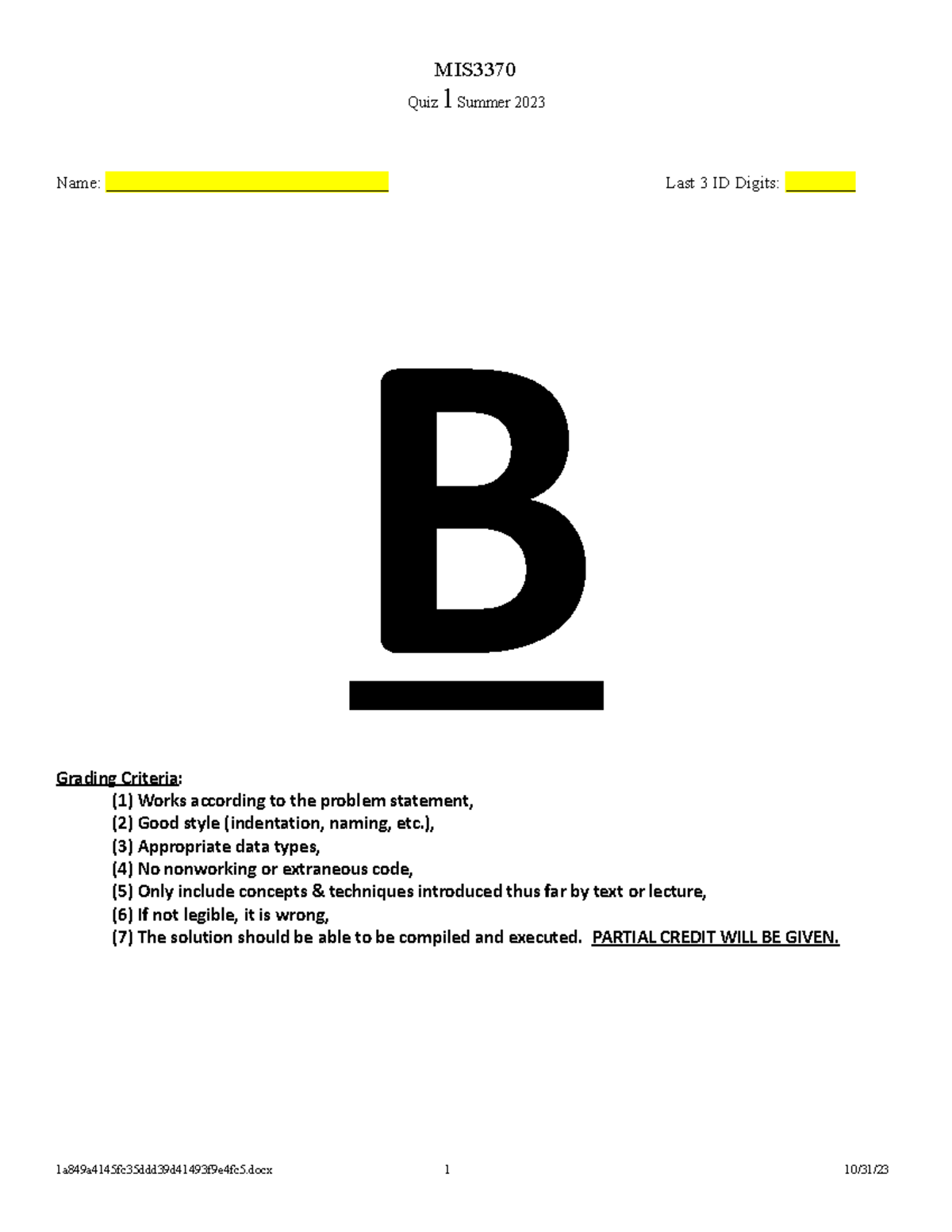 DOC-20230701-WA0005 - thank you - MIS Quiz 1 Summer 2023 Name ...
