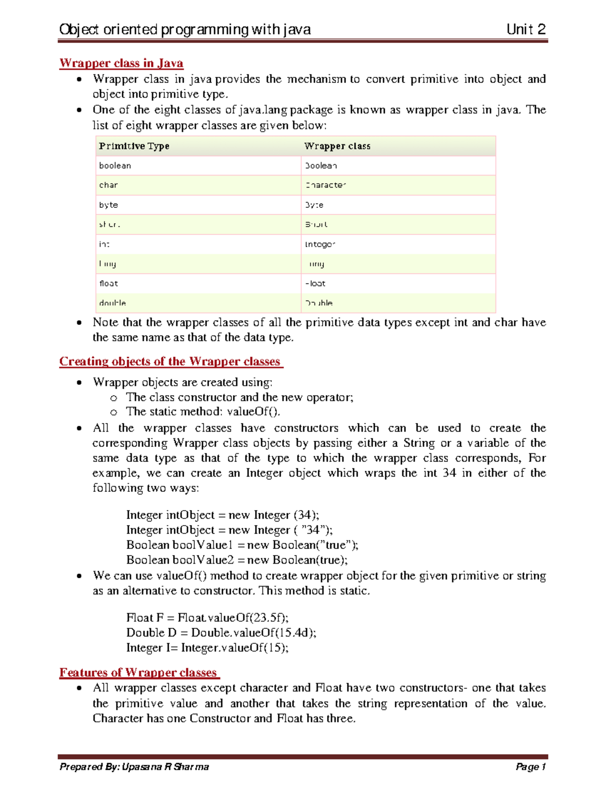 Oopj Unit2 Lecture Notes Wrapper Class In Java Wrapper Class In Java 4921