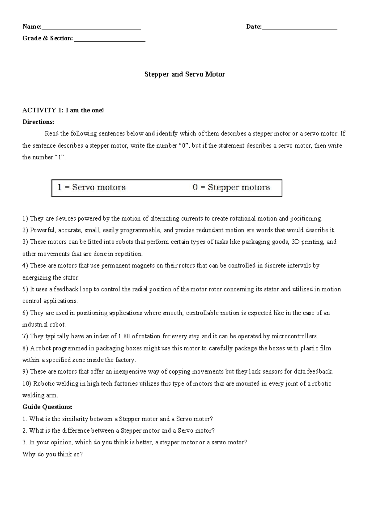 Motors and sensors activity - Name:_____________________________ Date ...