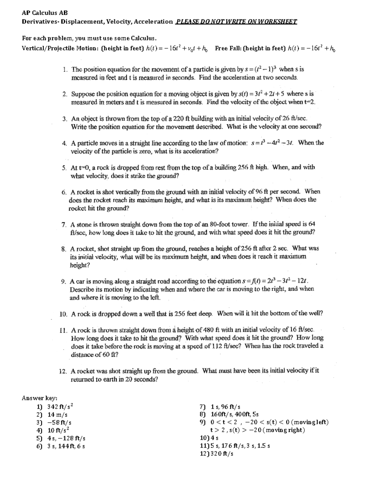 (Deriv) Disp Vel Acc WS - Displacement, Velocity, and Acceleration word ...