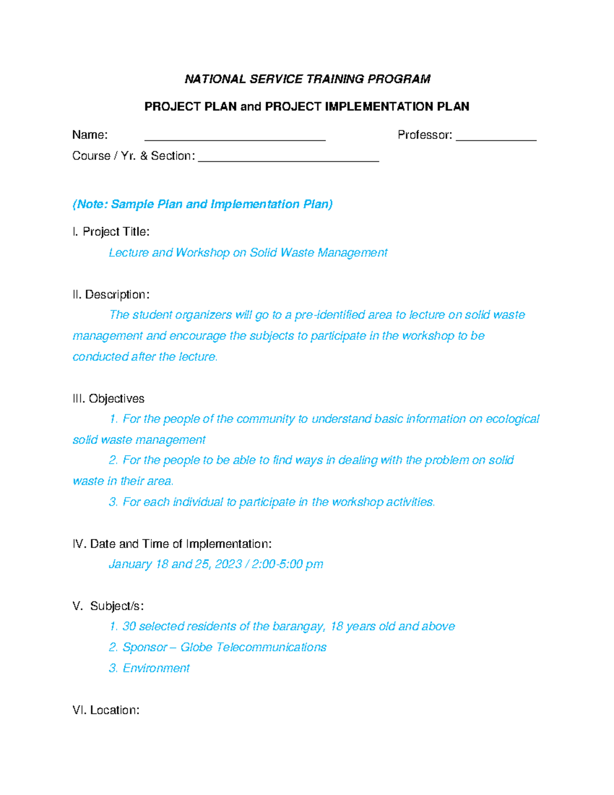 NSTP Project Plan Format - NATIONAL SERVICE TRAINING PROGRAM PROJECT ...