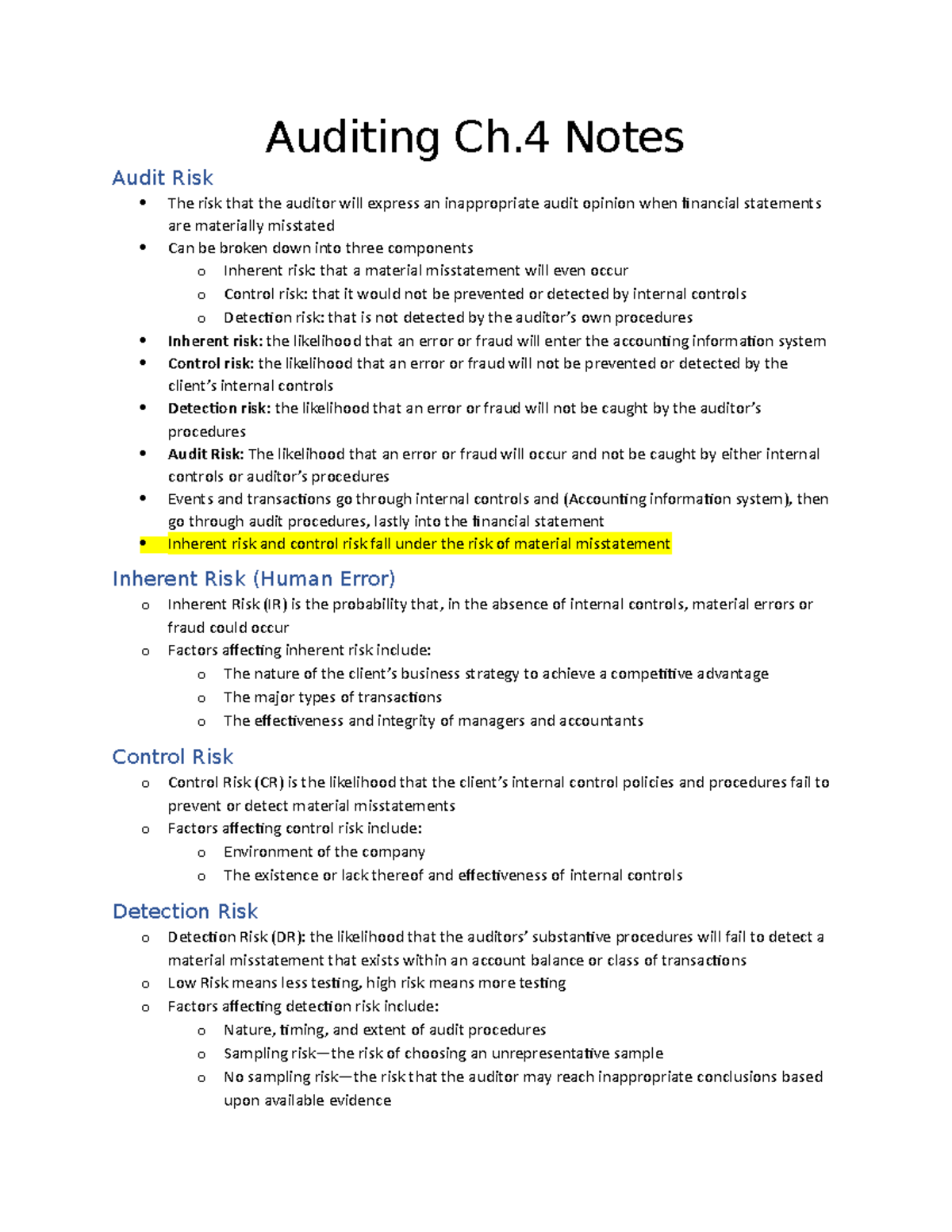 Auditing Ch.4 Notes - Auditing Ch Notes Audit Risk The risk that the ...