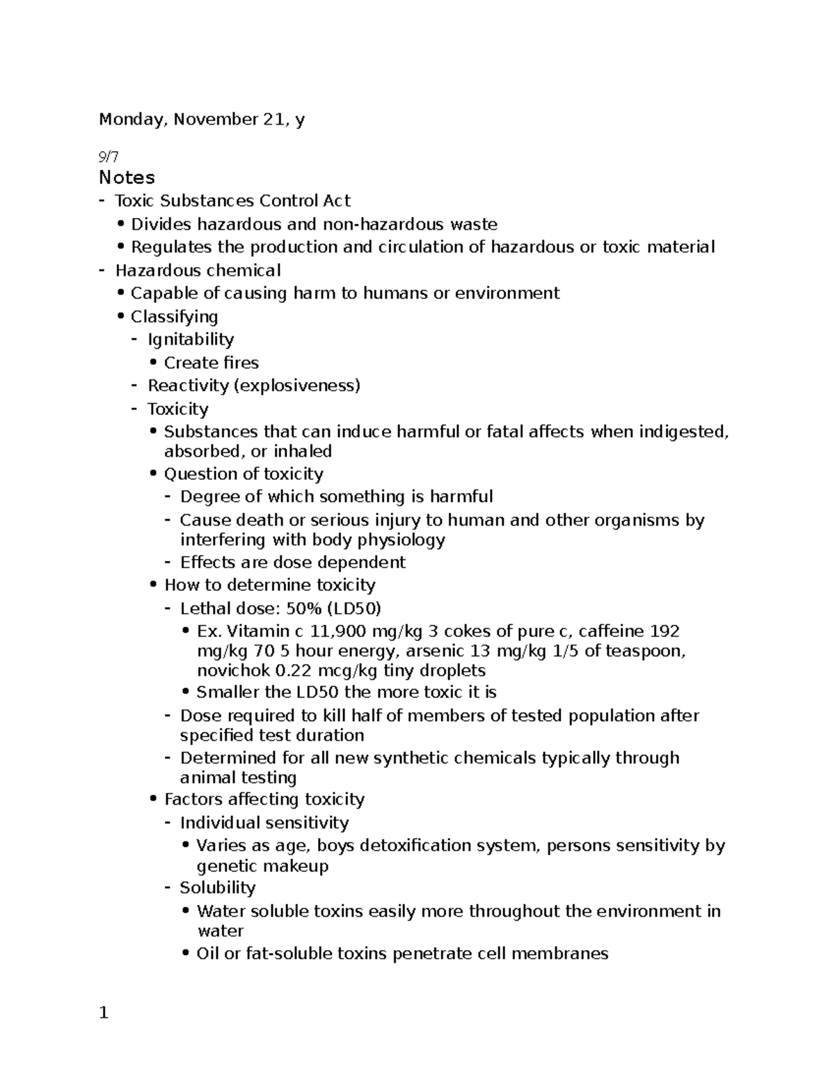 Environment Notes 9/7 - Monday, November 21, y 9/ Notes - Toxic ...