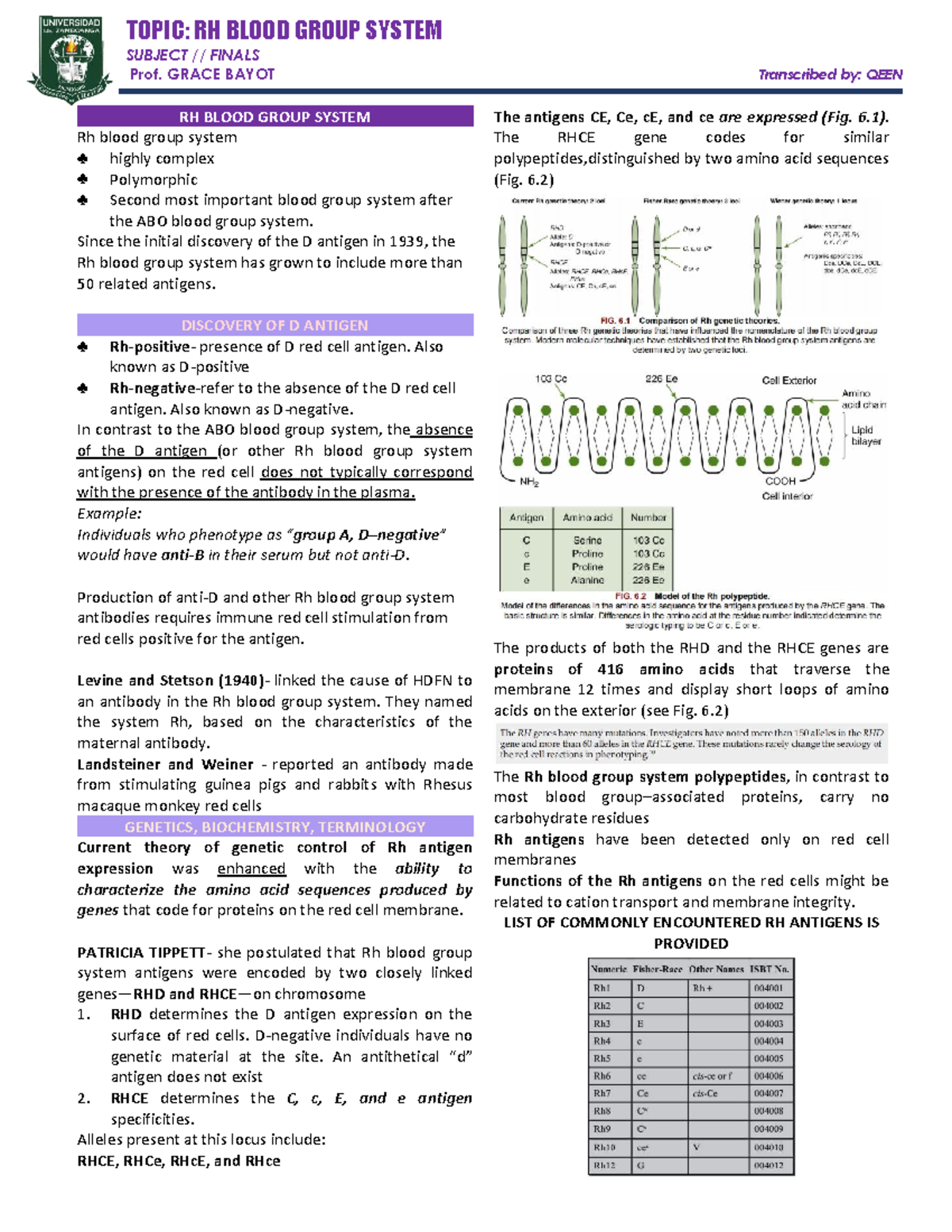 RH Blood Group (Outline) - SUBJECT // FINALS Prof. GRACE BAYOT ...