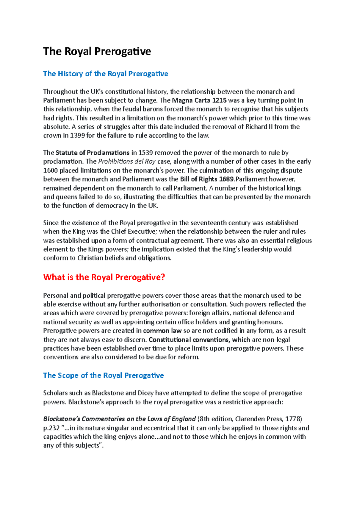 The Royal Prerogative - Law Teacher Summary Notes - The Royal ...