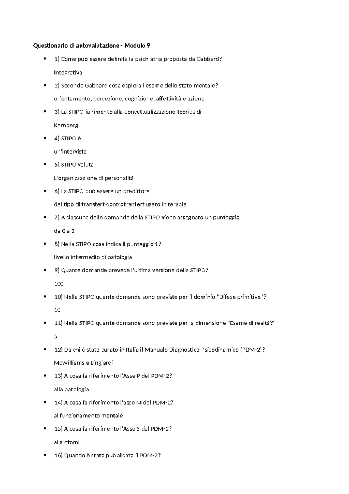 Psicologia Dinamica Test autovalutazione modulo 9 - Questionario di ...