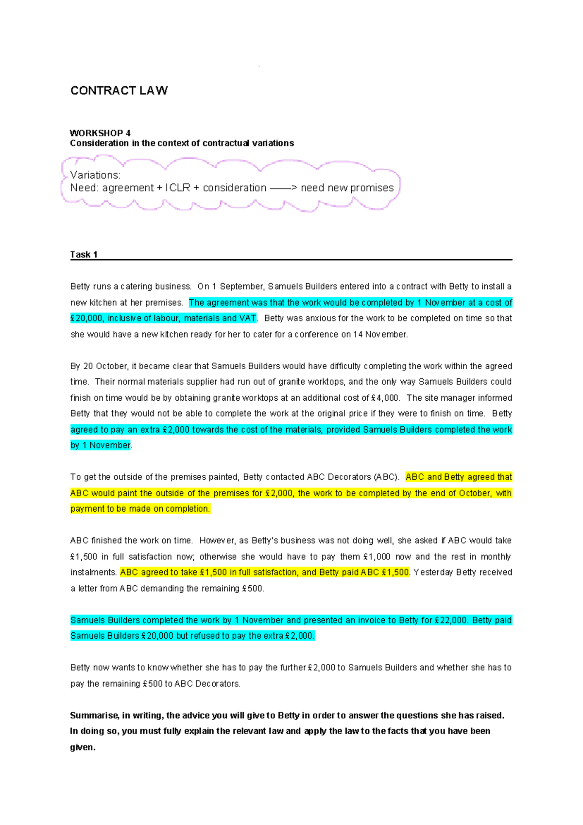 Contract unit 4 - Unit 4 - CONTRACT LAW WORKSHOP 4 Consideration in the ...