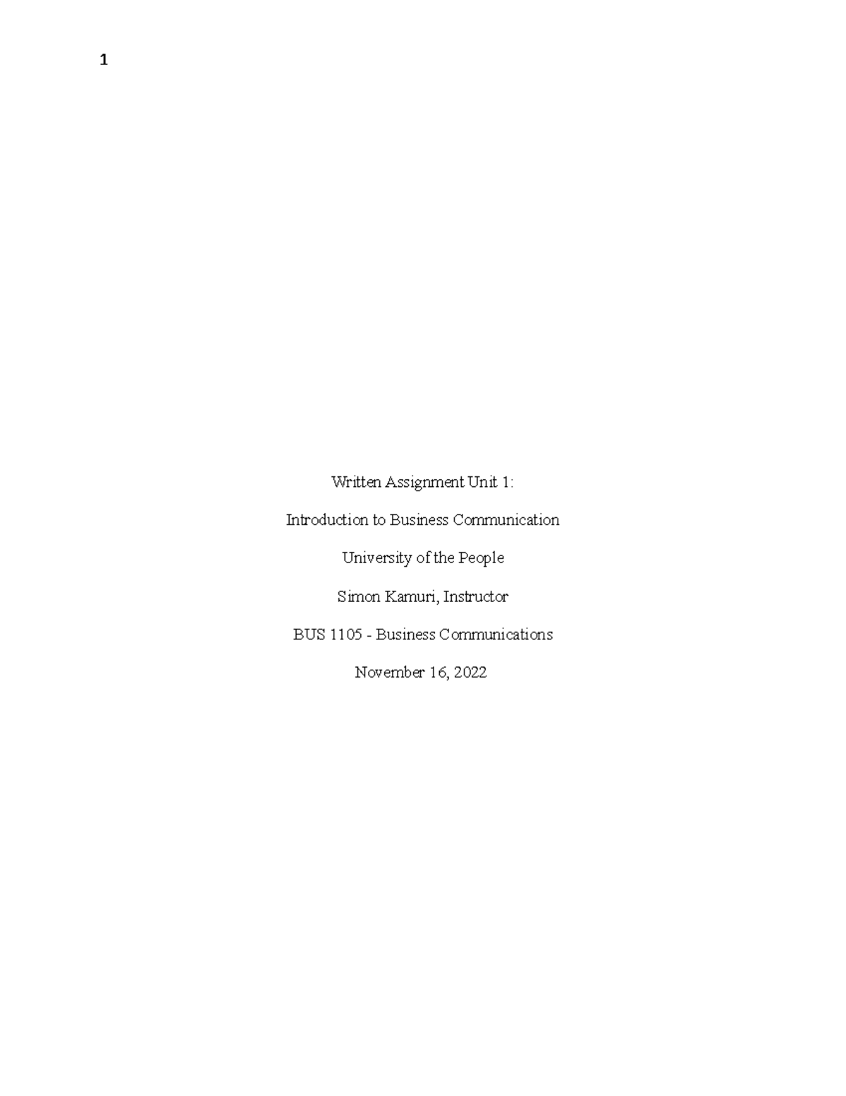 Written Assignment Unit 1 - Bussiness Communications - BUS 1105 - Written Assignment Unit 1 ...