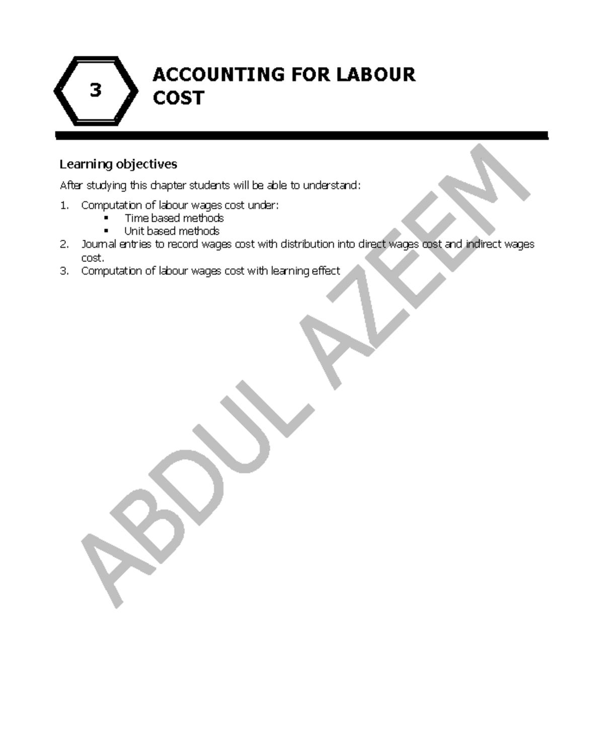 Chapter 3 Accounting for Labour cost - Learning objectives After ...