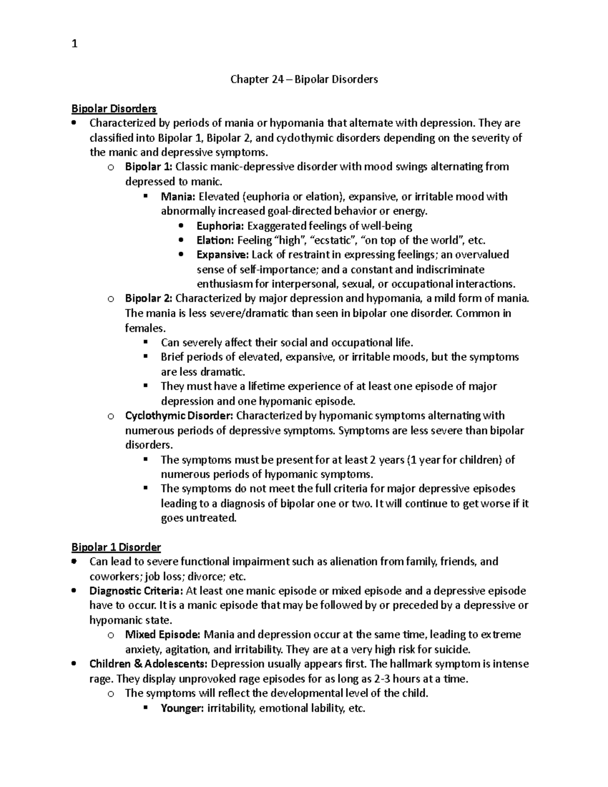 Chapter 24 Notes - Chapter 24 – Bipolar Disorders Bipolar Disorders ...