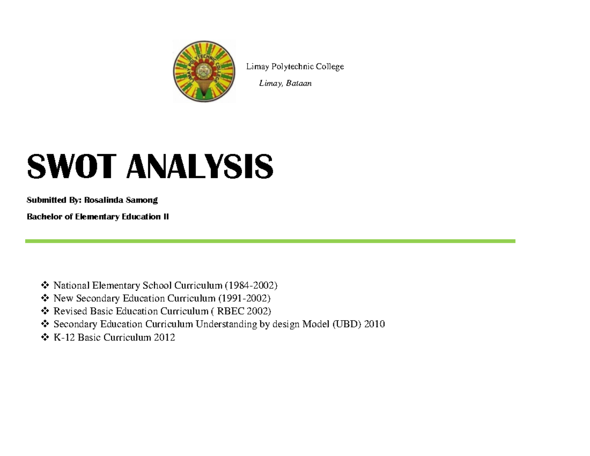 Swot-analysis compress - Limay Polytechnic College Limay, Bataan SWOT ...