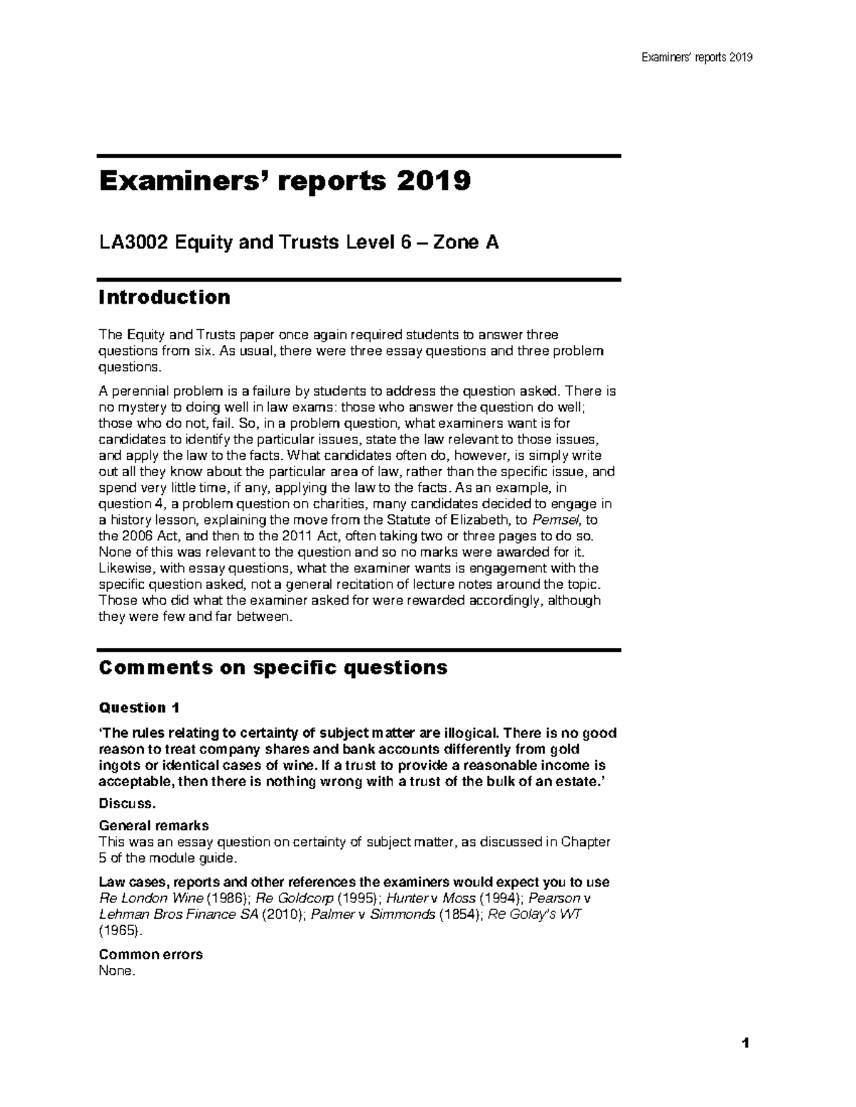 2019-A - Question of trust law from 2019 for practice for exams - Examiners’ reports 2019 ...