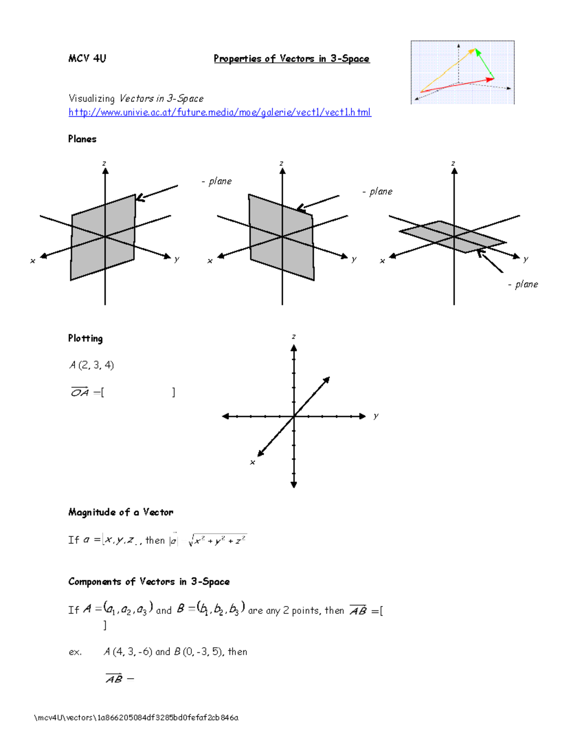 3-space Exer - sbnsnsnd - MCV 4U Properties of Vectors in 3-Space Visualizing Vectors in 3-Space ...