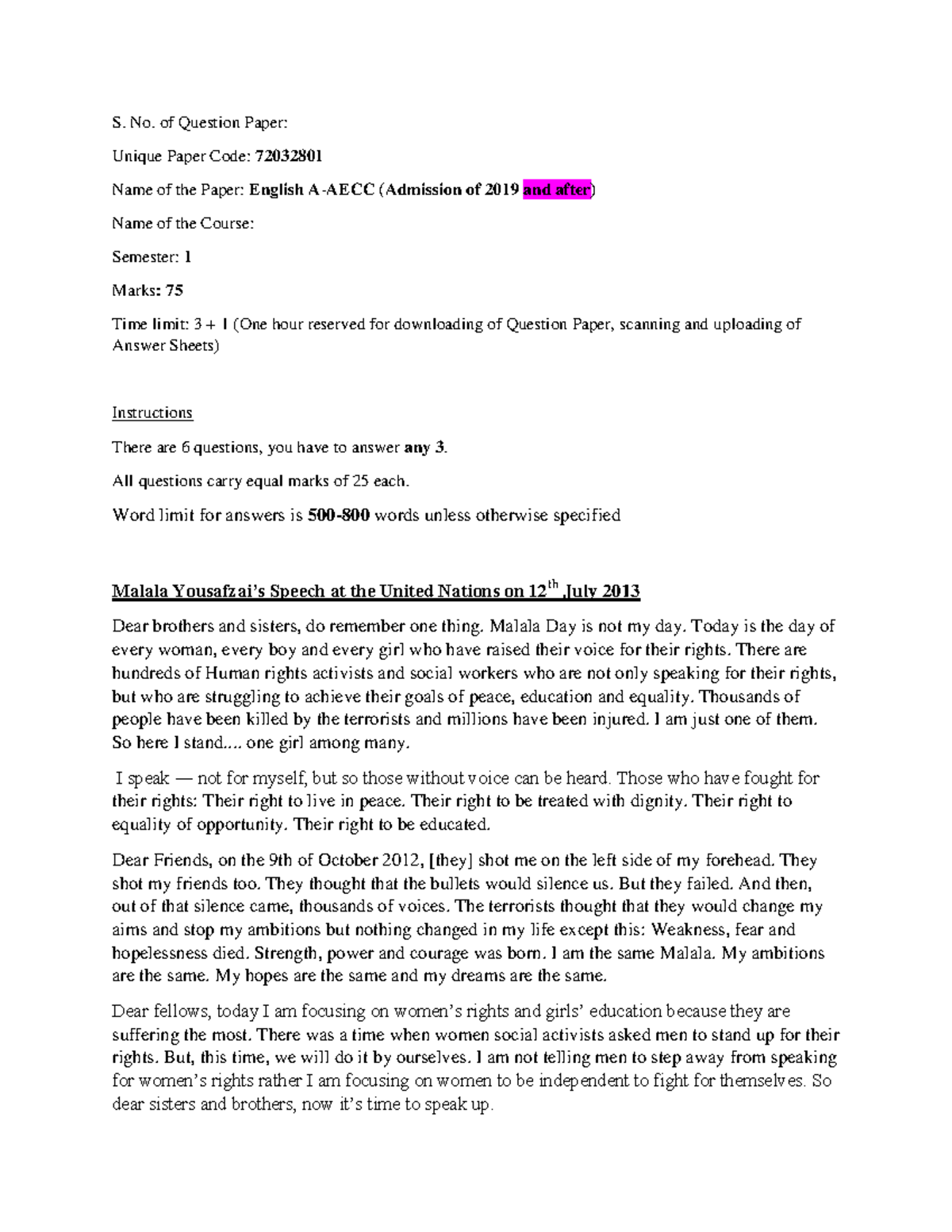 Sample/practice exam 20 March 2021, questions - S. No. of Question ...