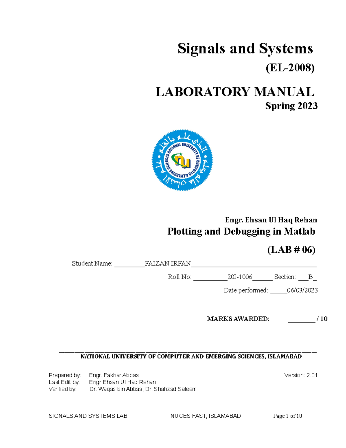 SNS LAB 06 Student Submission - Signals and Systems (EL-2008 ...
